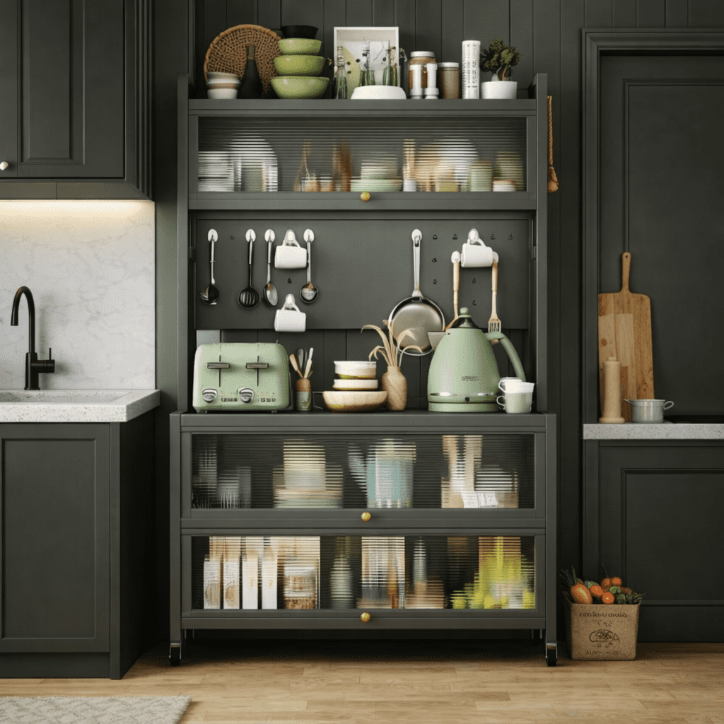 65'' Tall Kitchen Bakers Rack with Flip Door Cabinet, 5 Tier ...