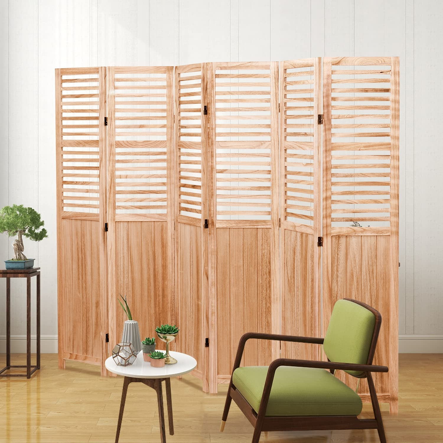 65" Tall Wood Room Divider, 6 Panel Rustic Folding Privacy Screens ...