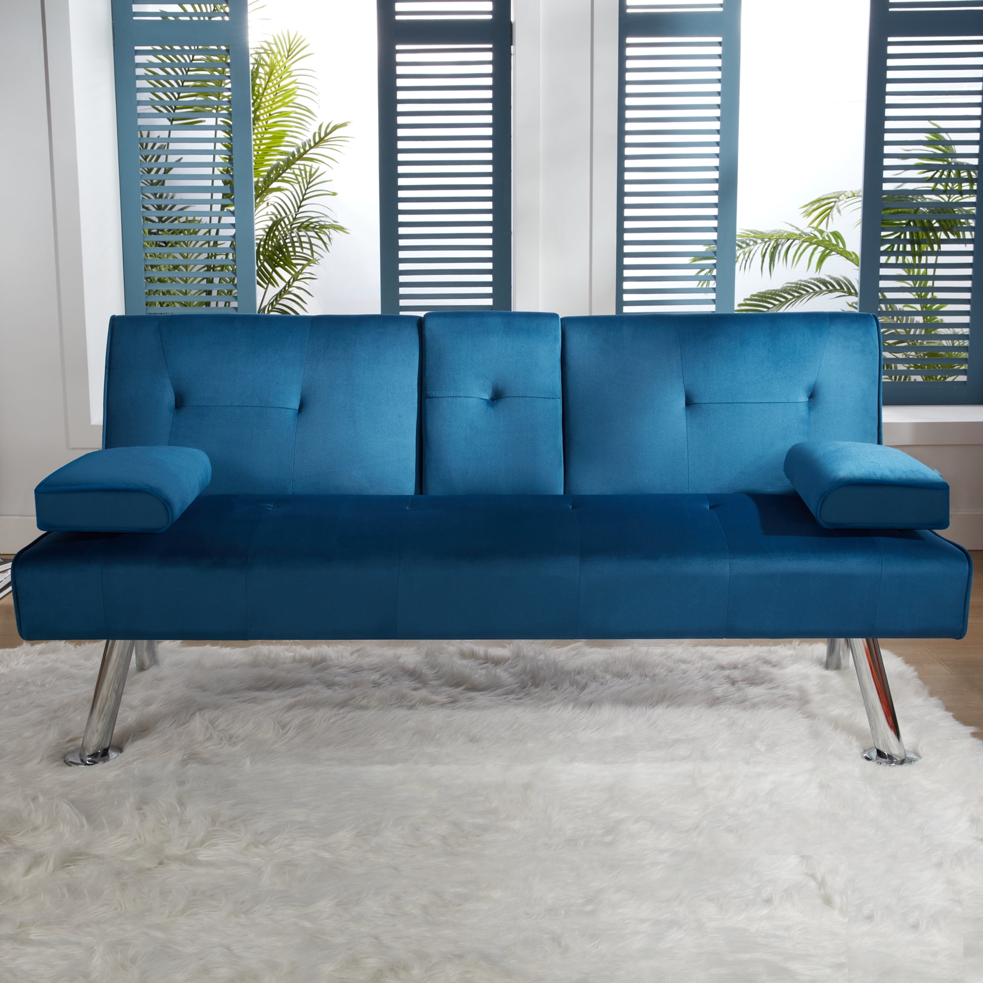 65" Upholstered Folding Futon Sofa Bed Modern Convertible Couch 2 Cup ...