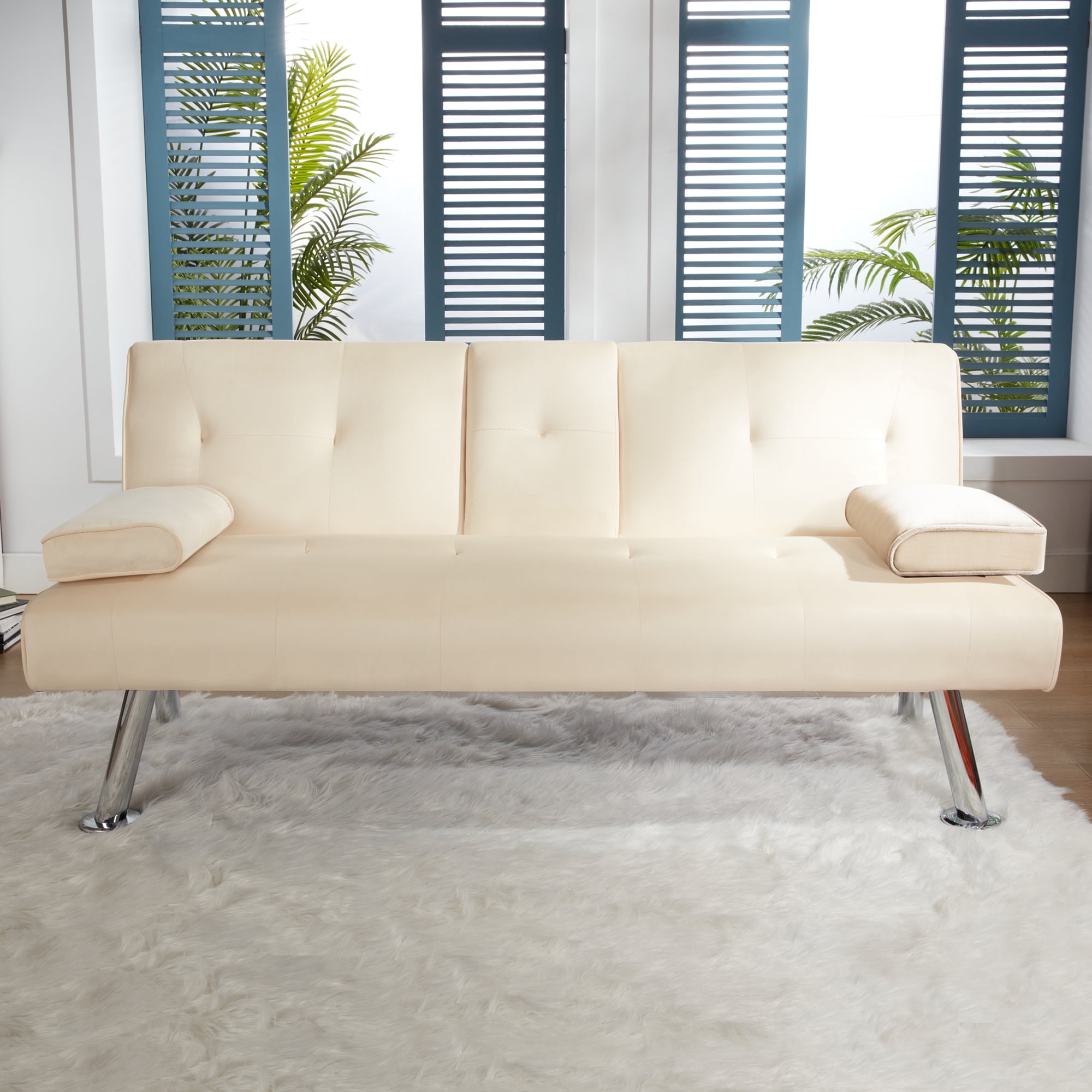 65" Upholstered Folding Futon Sofa Bed Modern Convertible Couch 2 Cup ...