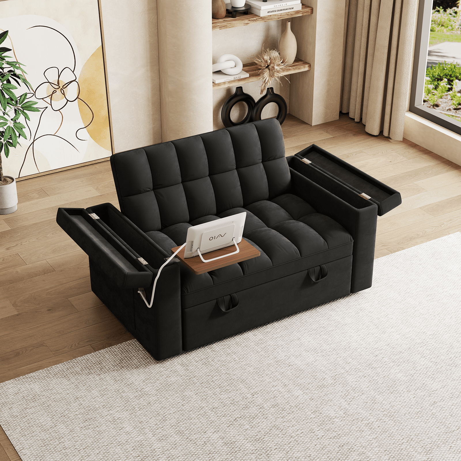 65" Velvet Convertible Sleeper Sofa Bed with USB Charging Ports, Pull ...