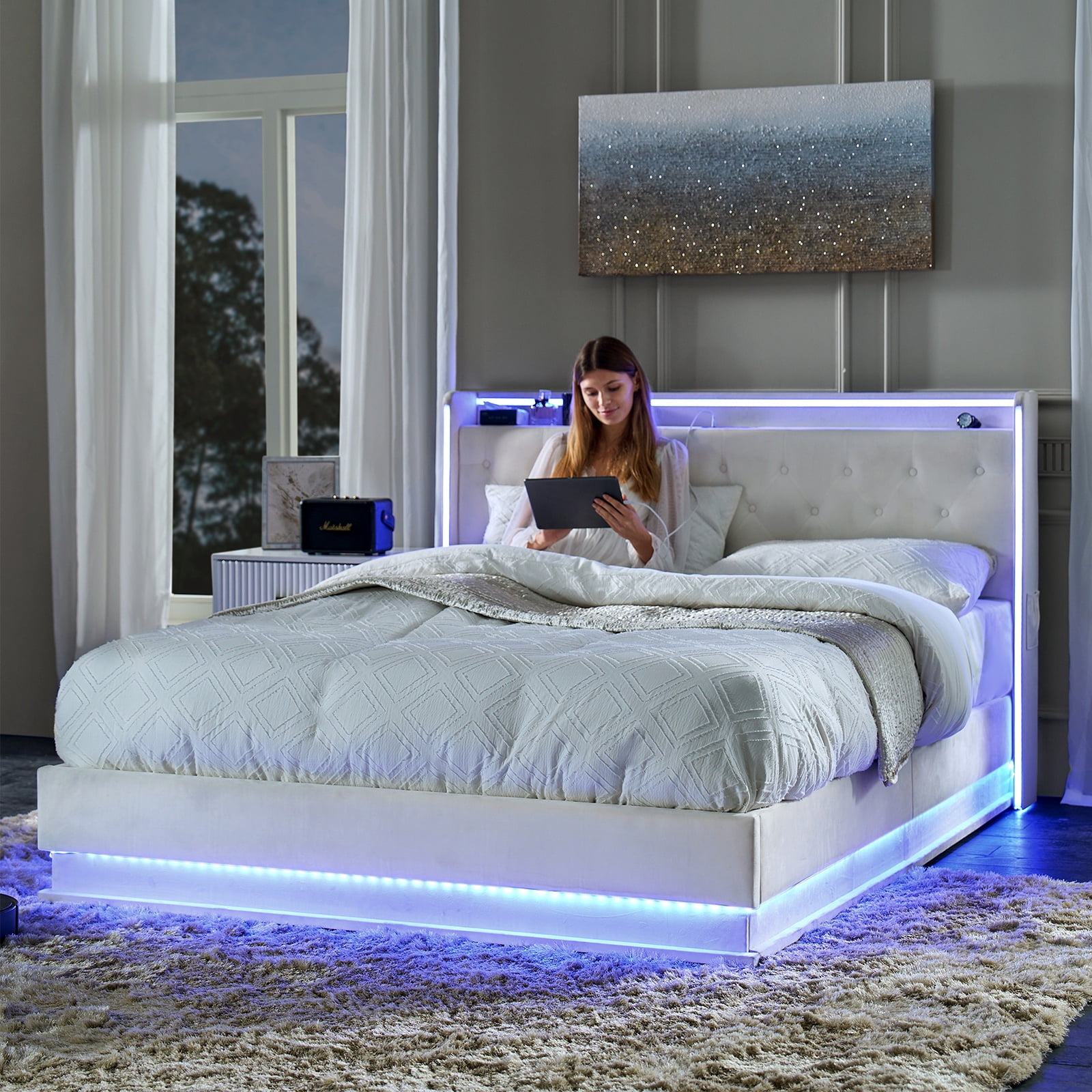 65" Velvet White Queen Bed Modern LED with Under-bed Storage and ...