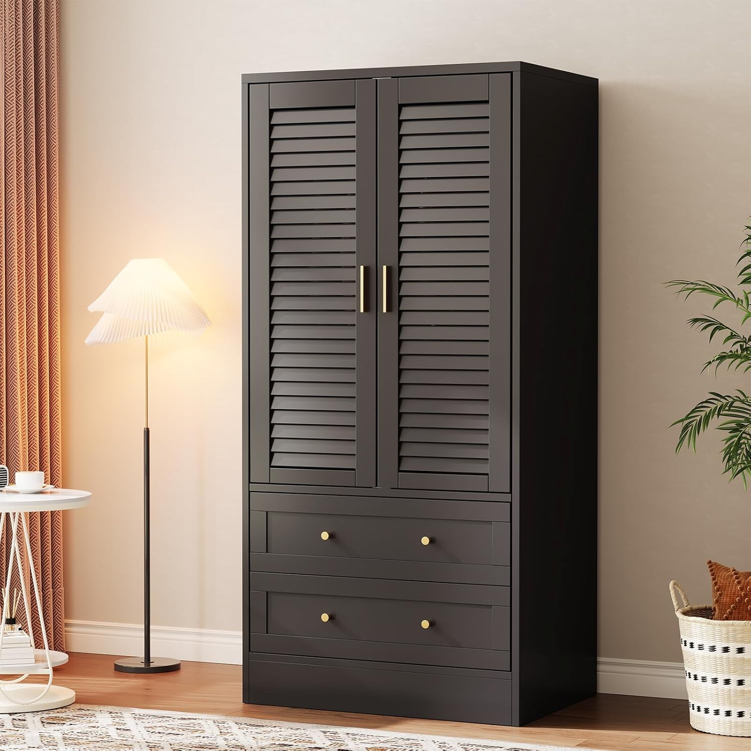 65" Wardrobe Armoire Closet with 2 Shutter Doors and 2 Drawers, Bedroom ...