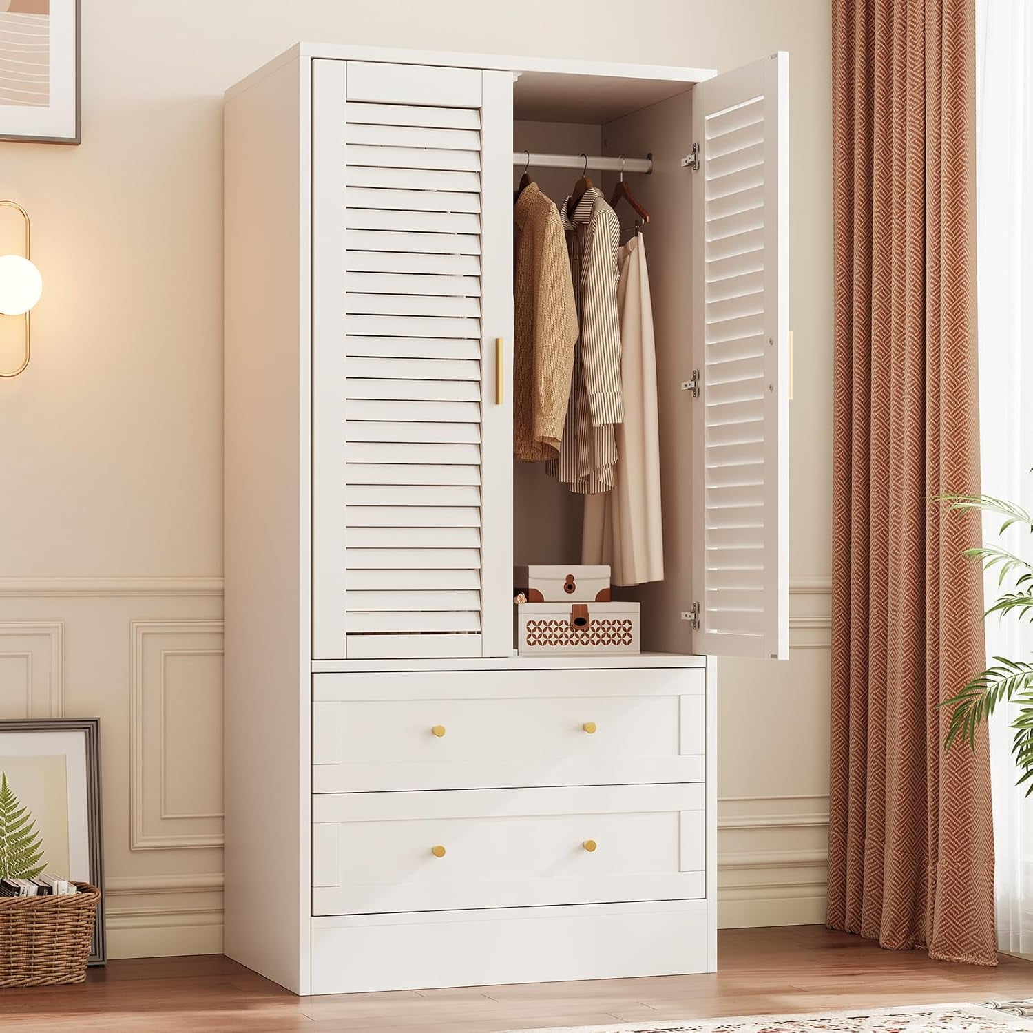 65" Wardrobe Armoire Closet with 2 Shutter Doors and 2 Drawers, Bedroom ...