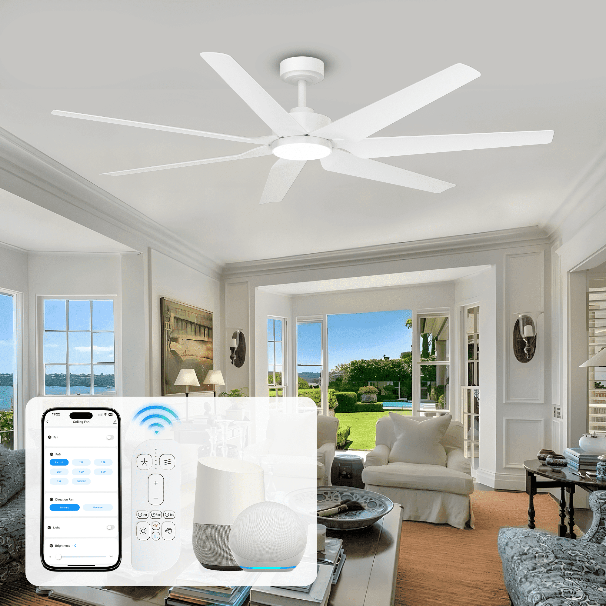 65" White Ceiling Fans with Lights, 7 Damp-rated ABS Blades, Indoor ...