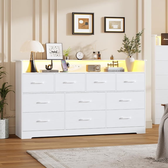 65" Wide 10-Drawer Dresser with LED Lighting & Charging Station, Modern ...