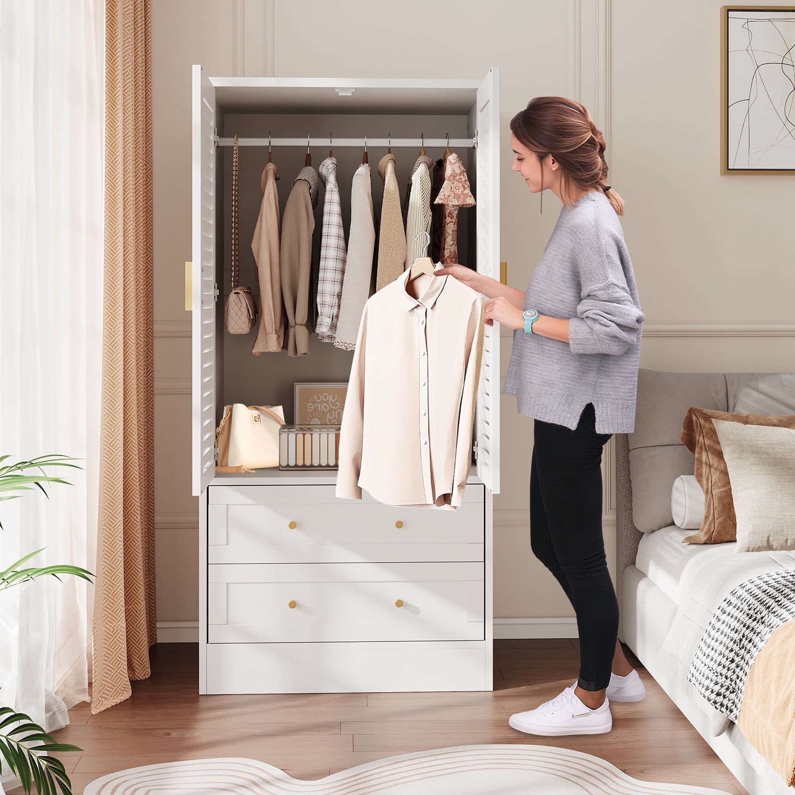 65" Wooden Armoire Wardrobe Closet, Wood Clothing Storage Cabinets ...