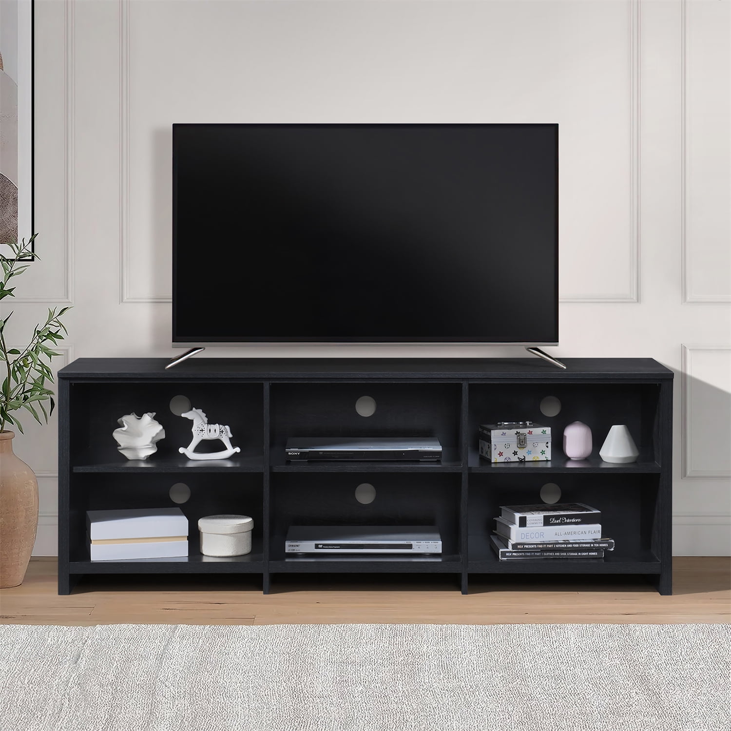 65 in. Wood Black Oak TV Stand with 6 Storage Shelves Fits TV's up to ...