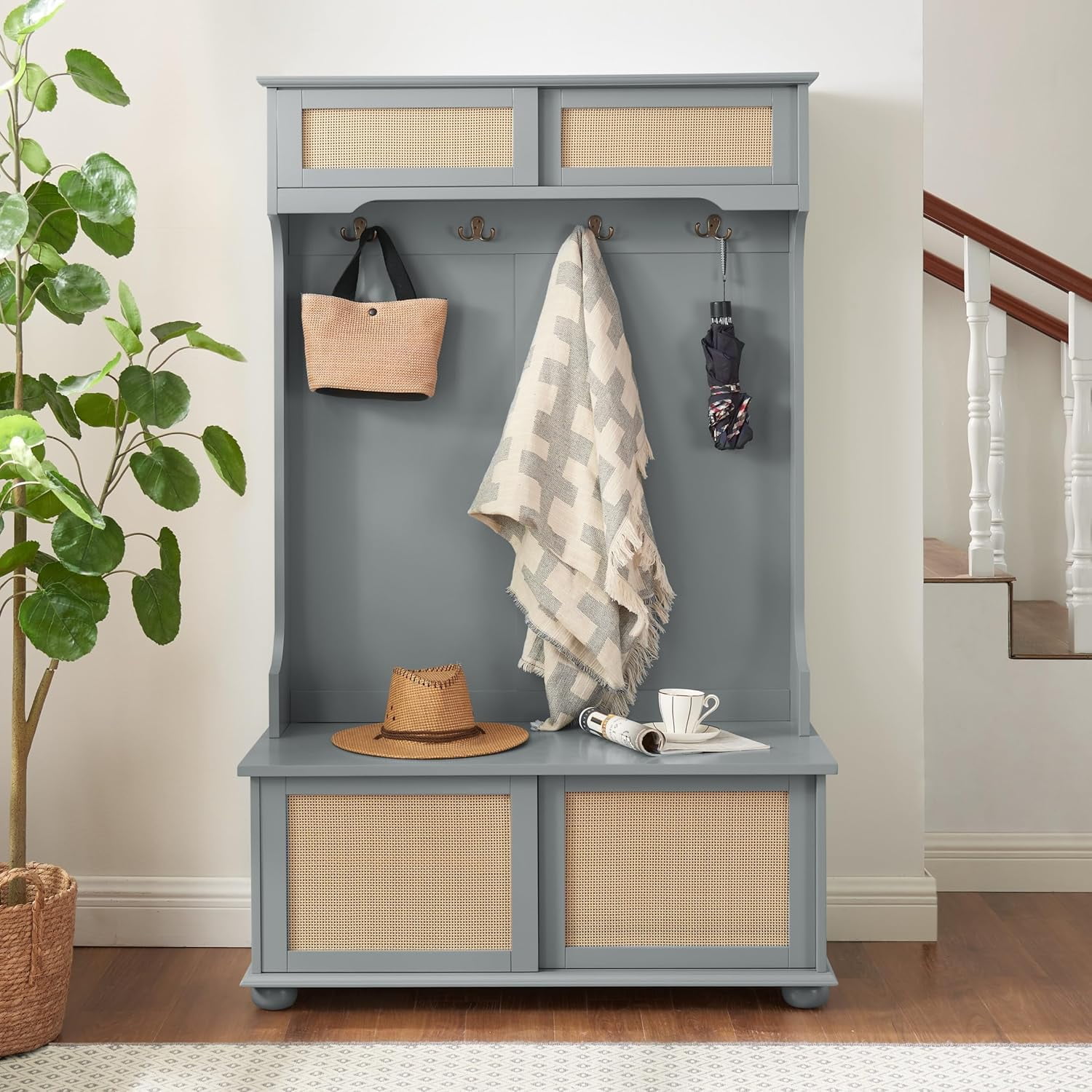 65 inch Casual Style Hall Tree with Ample Storage Space, Door Shelves ...