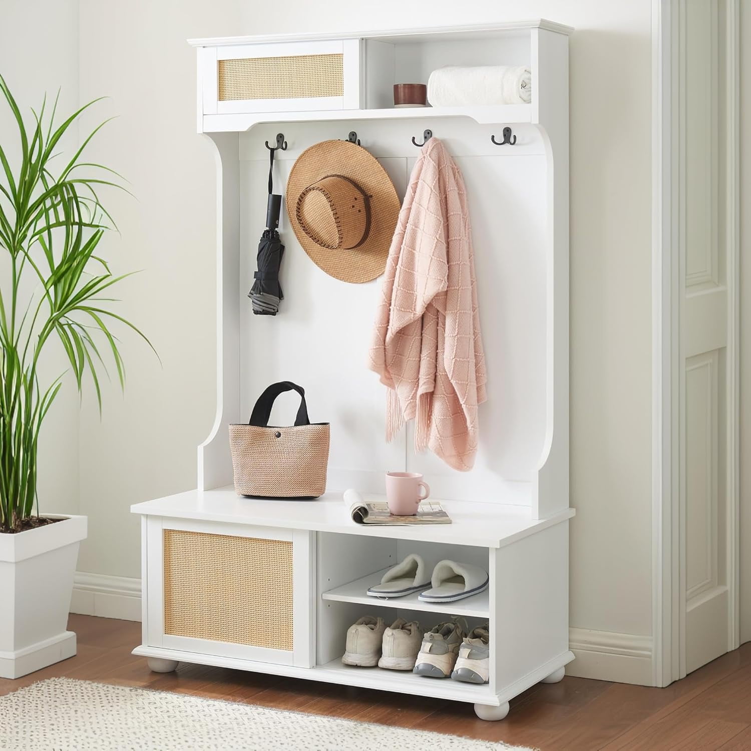 65 inch Casual Style Hall Tree with Ample Storage Space, Door Shelves ...