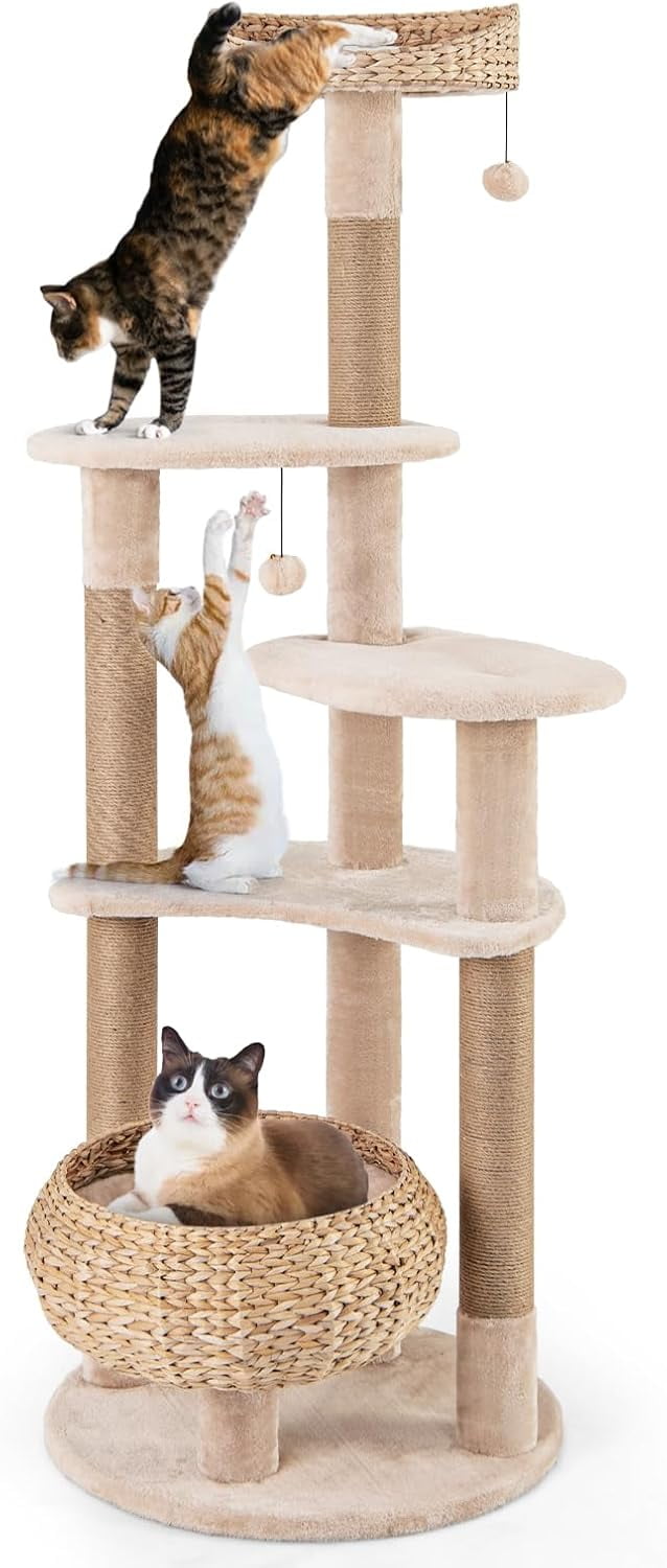 65 inch Cattail Cat Tree Tower, Multi-Level Cat Tower with Natural Jute ...