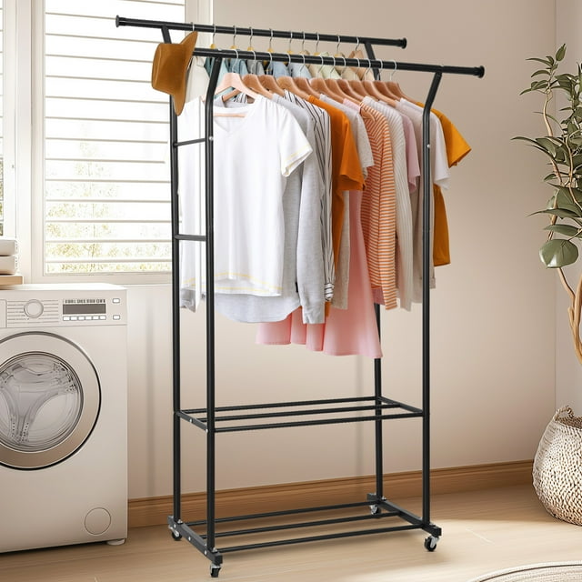 350LBS Double Rail Clothes Rack Heavy Duty 2 Tier Shelves Garment Rack ...