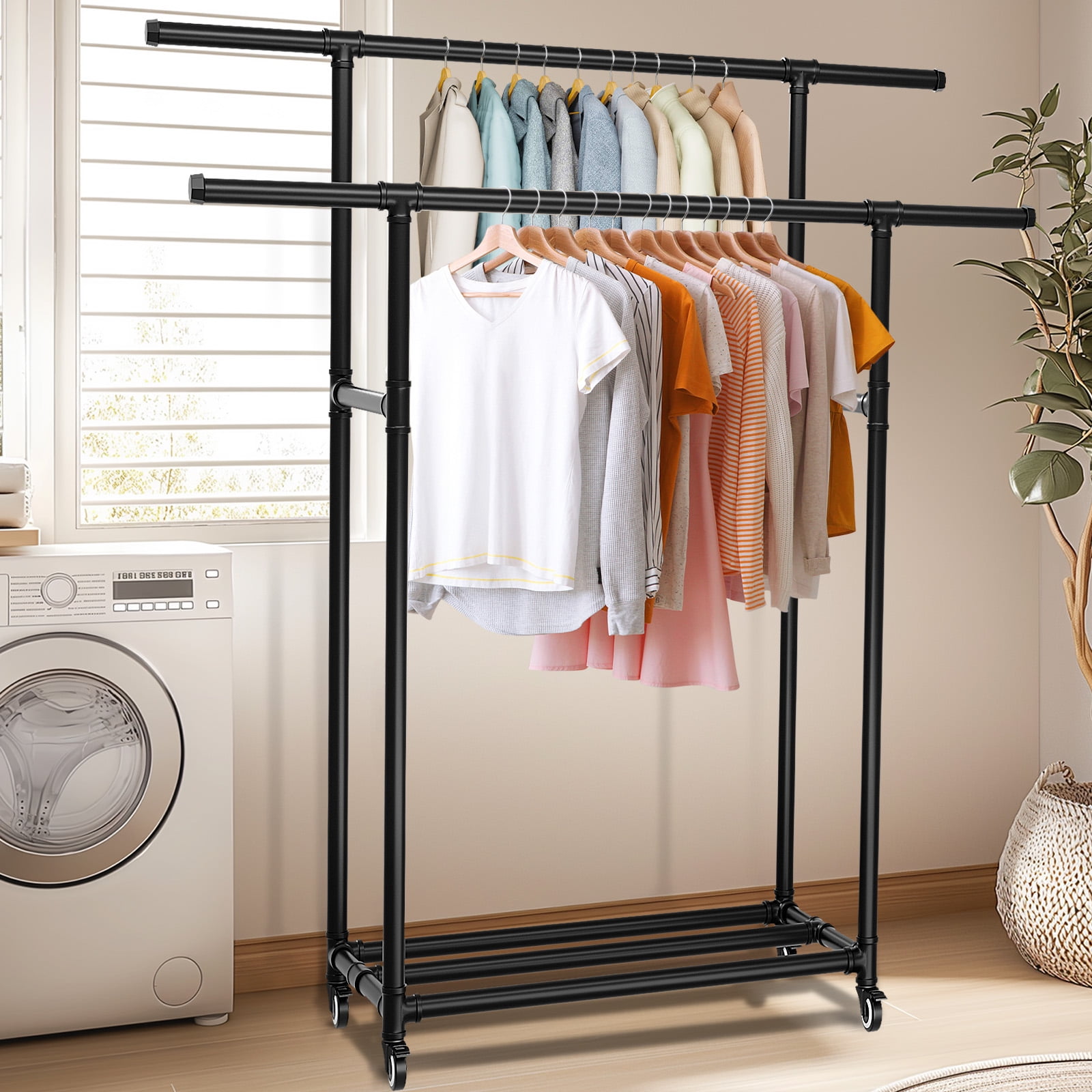 Double Rail 650LBS Heavy Duty Clothes Rack with 360° Rotating Wheels ...