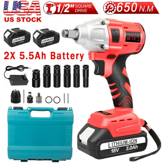 650N.M Cordless Electric Impact Wrench Gun 1/2'' High Power Driver 5 ...