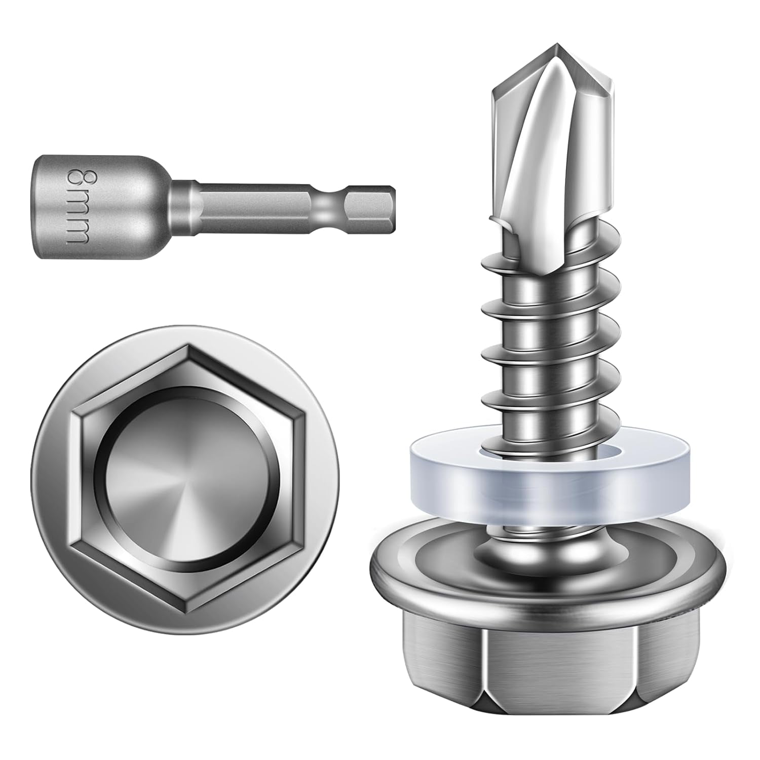 650pcs #10×3/4" Self Tapping Screws for Metal, 410 Stainless Steel, Hex Washer Head Self ...