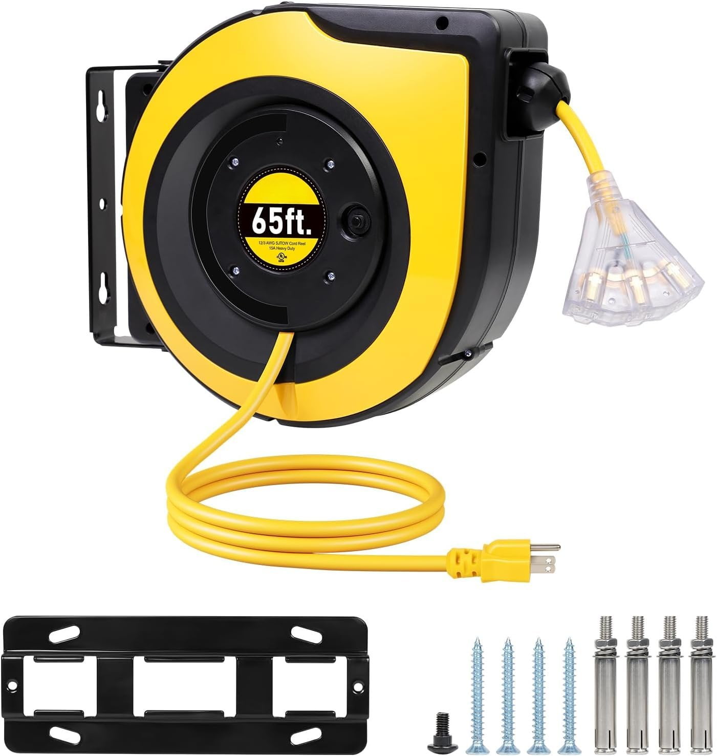 65FT Retractable Extension Cord Reel, 12AWG/3C SJTOW Power Cord with ...