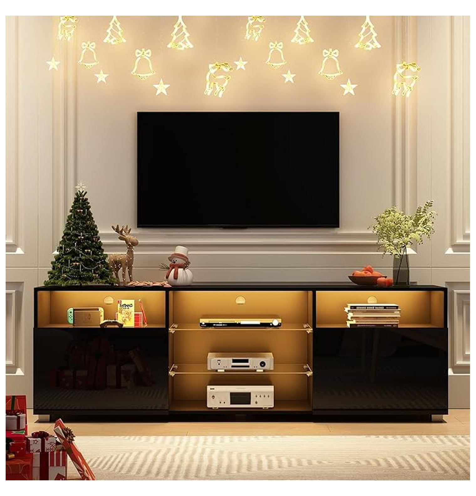 65IN LED TV Stand for 65/70 inch TV, Black Entertainment Center, RGB ...
