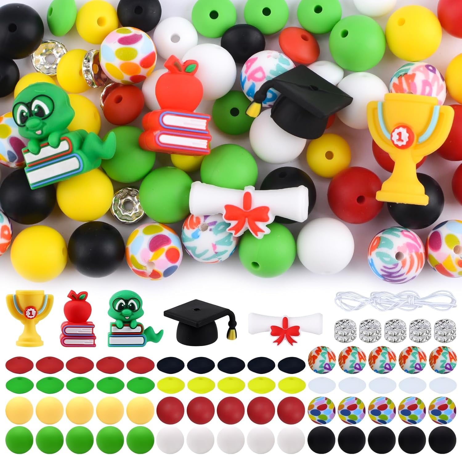 65Pcs Graduation Themed Silicone Beads Bulk Colorful Loose Focal Beads ...