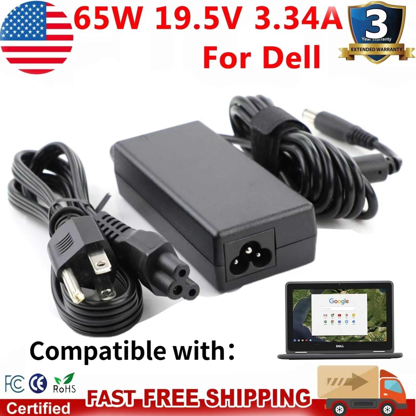 65W 3.34A Power Supply Adapter Charger for DELL ChromeBook Notebooks ...