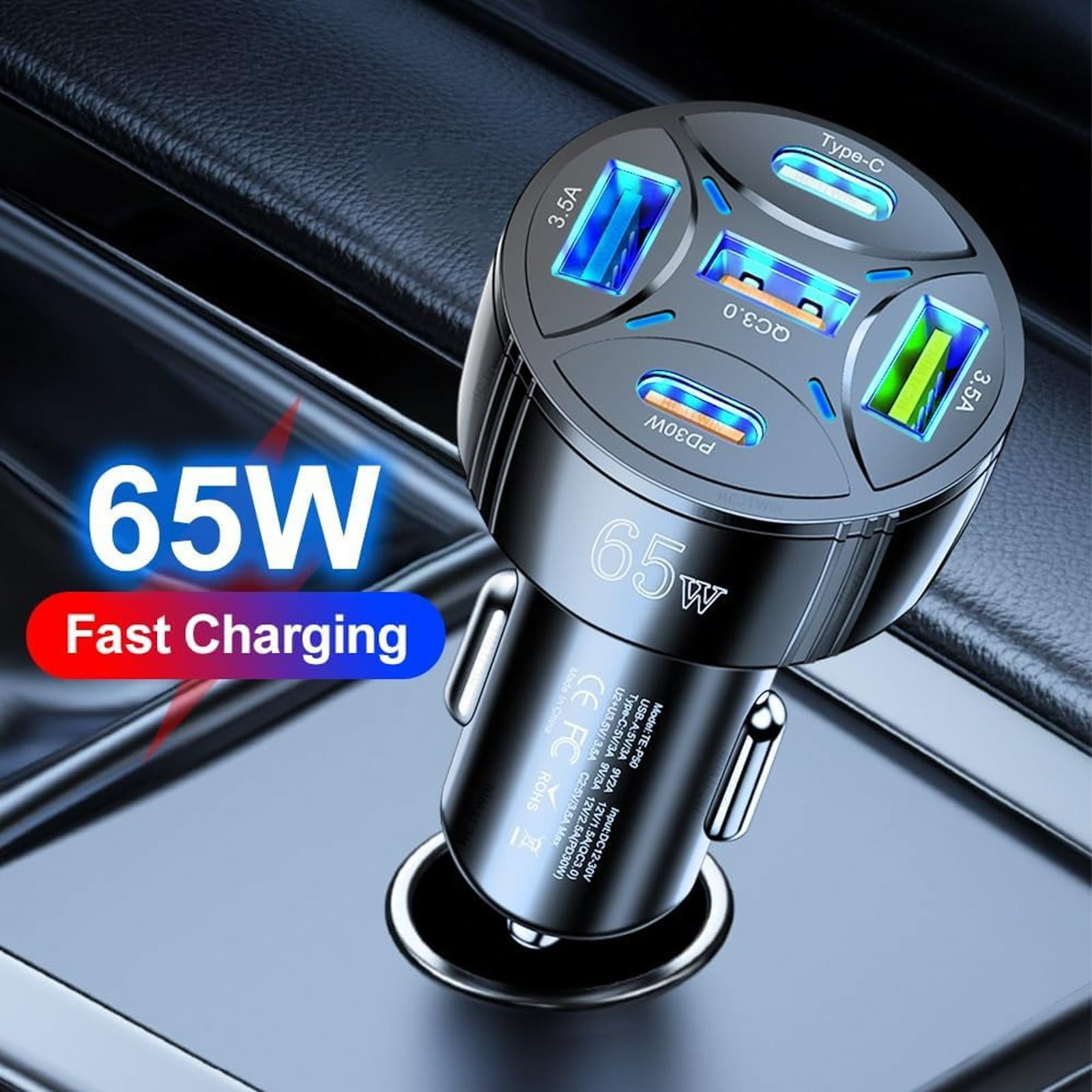 65W Fast Car Charger USB C PD 30 High Power 5 Port Adapter For Phones ...