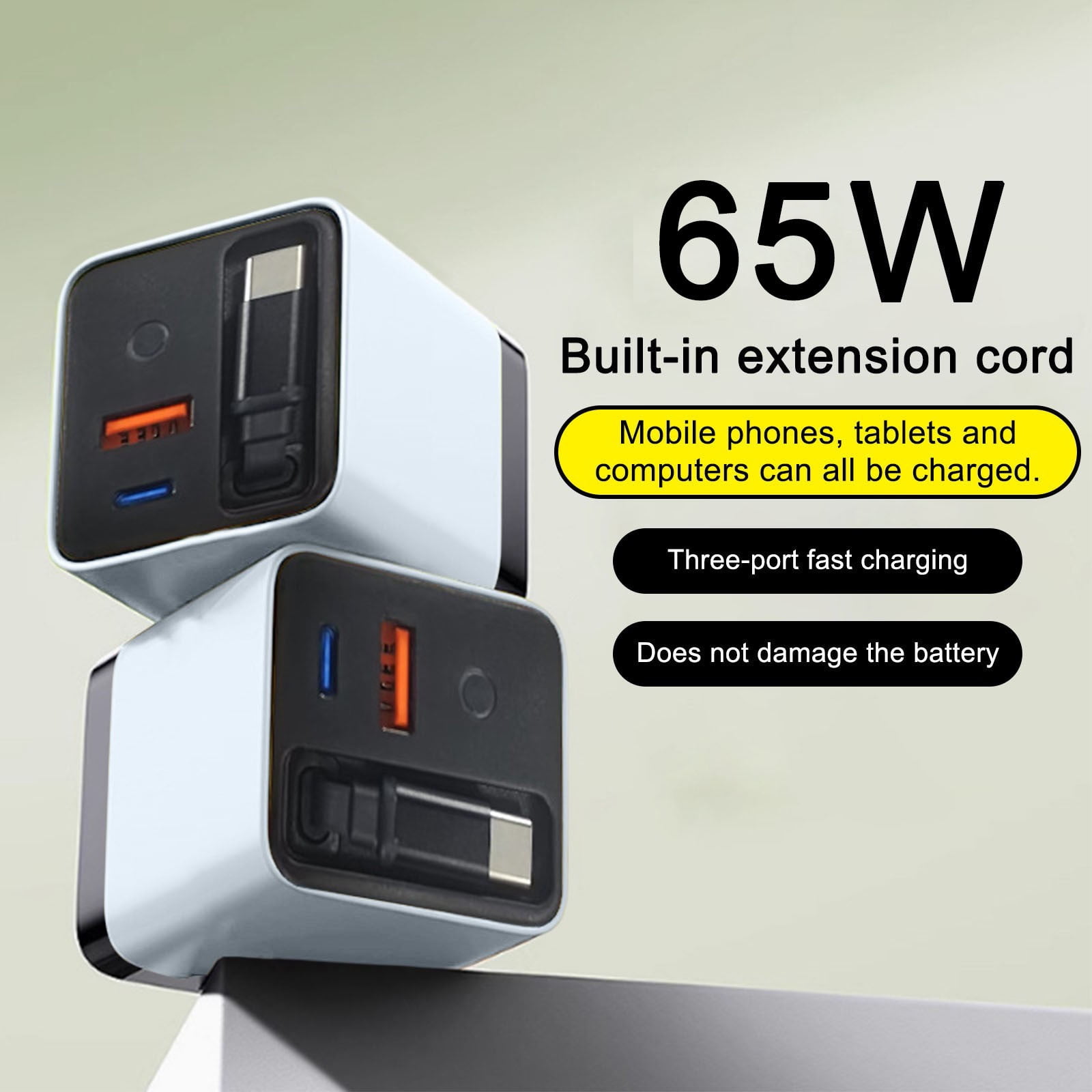 65W Retractable 3 in 1 Charger Wall Plug with Type C Cable and 2 USB ...