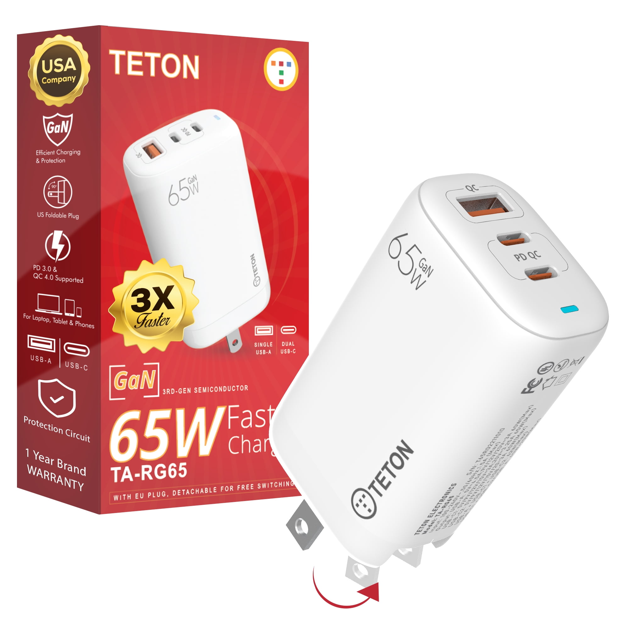 65W USB C Charger TETON ELECTRONICS, 3-Port Fast GaN Charger Block,Foldable Wall Charger Laptop ...