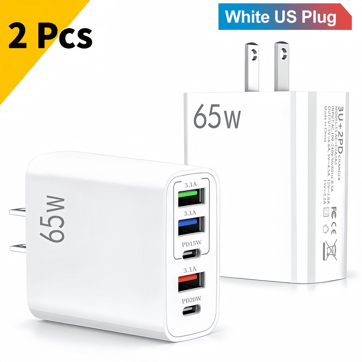 QINIUXO 65W USB C Fast Charger, 2 Pack White Wall Charger Block, 5 Port ...