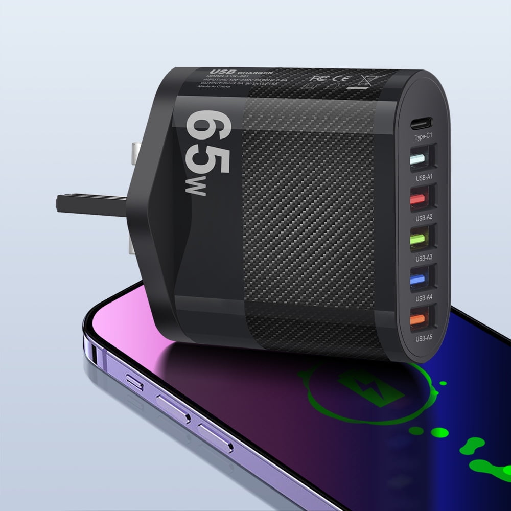 65W USB Wall Charger Block PD QC 3.0 Fast Charging Block Plug 5 USB A ...