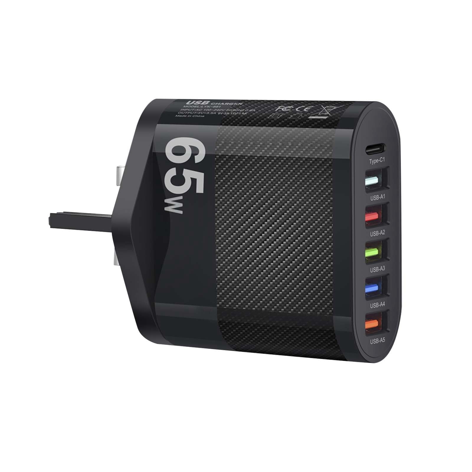 65W Universal Fast Wall Charger with 5 USB Type C Ports PD QC30 Adapter ...