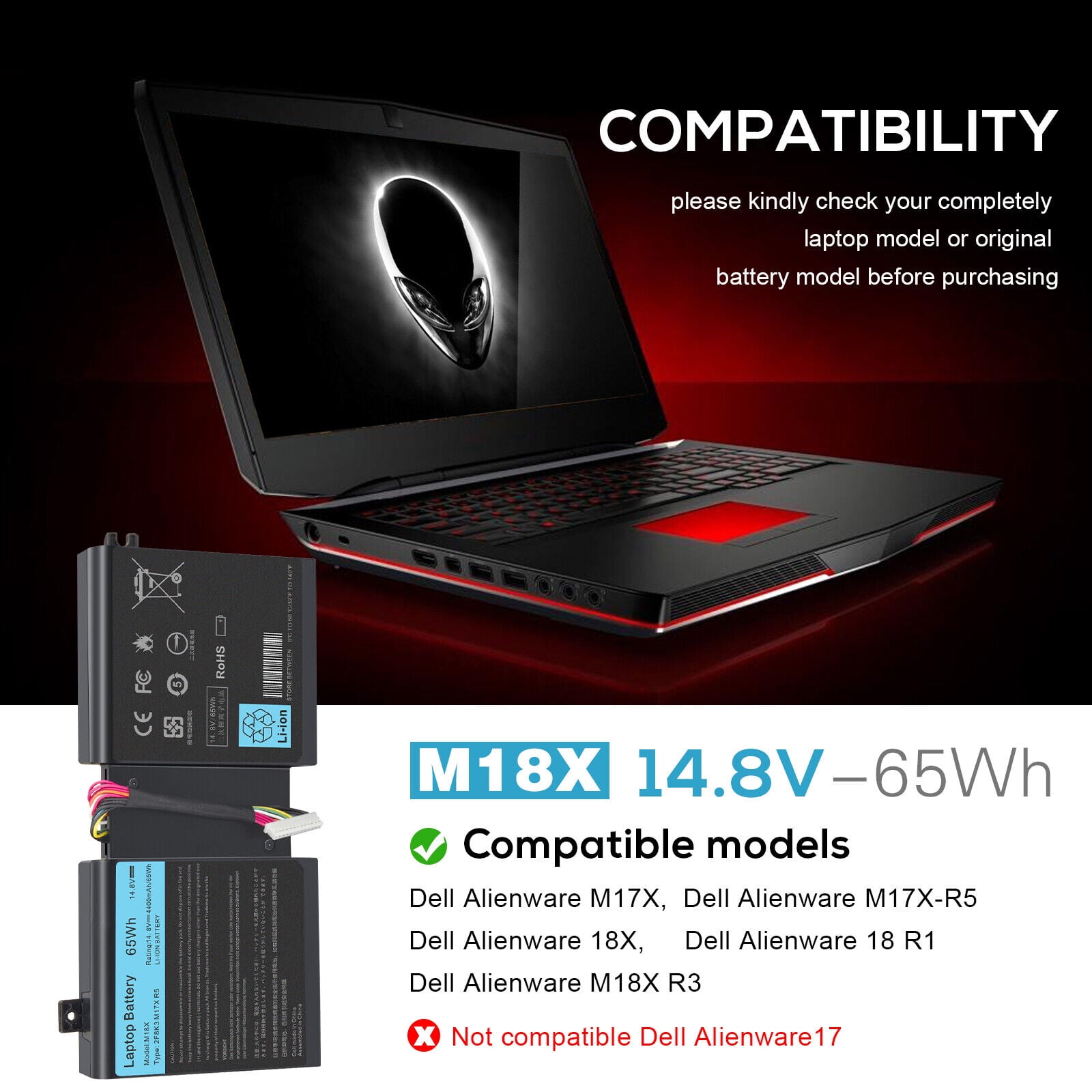 65Wh 2F8K3 Laptop Battery for Dell Alienware 17 18 R1 17X M17X-R5 18X ...