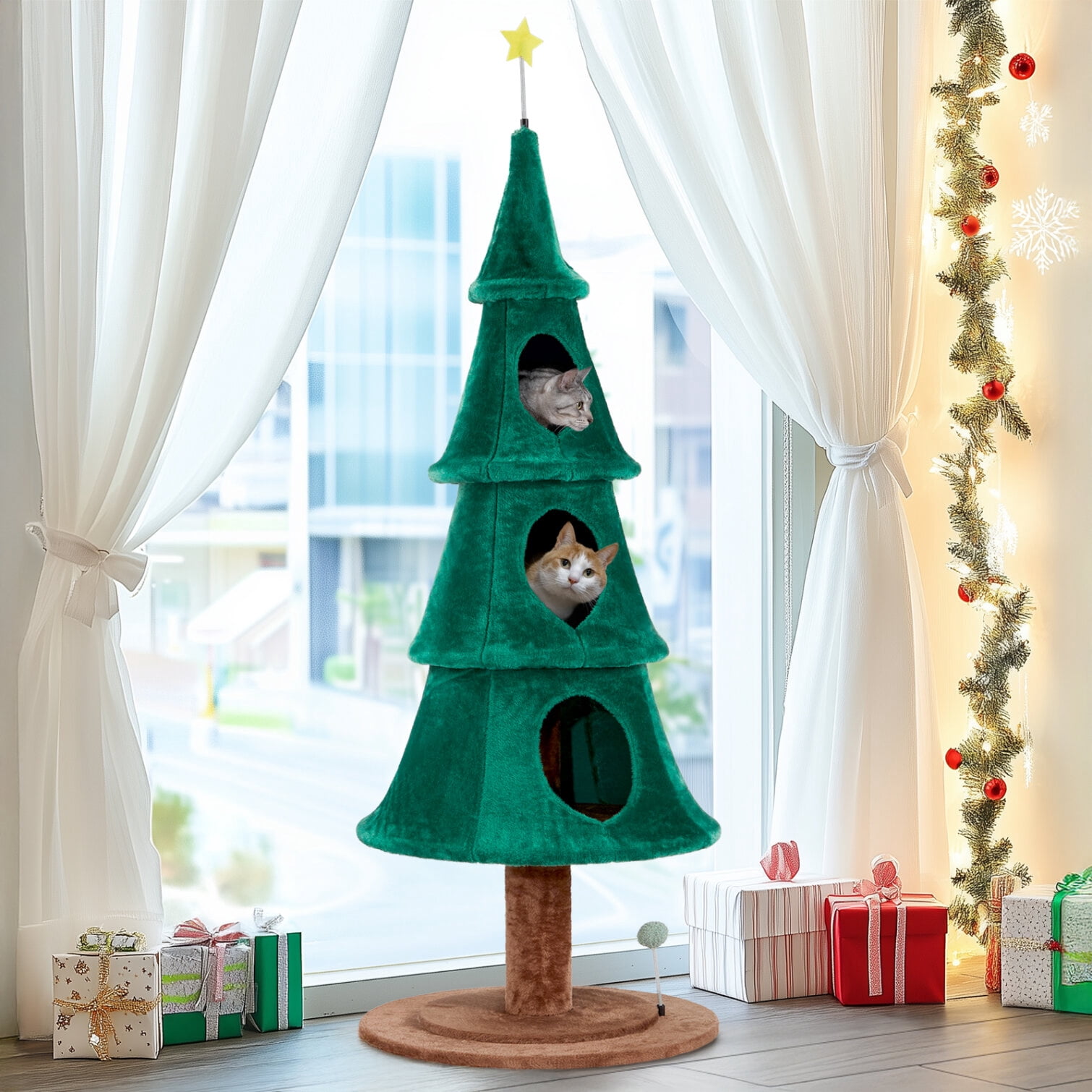 65in Large Tall Christmas Tree Cat Tower with 3 Cat Houses, Soft Fleece ...