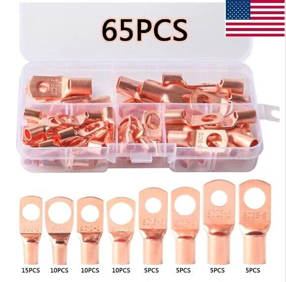 65pcs Copper Tube Terminals Battery Welding Cable Lug Ring Crimp ...