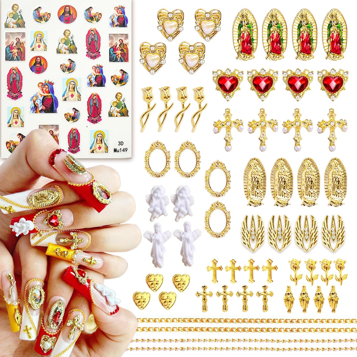 65pcs Virgin Mary Cross MMF7 Gold Nail Charms 3D Angel Rose Flower ...