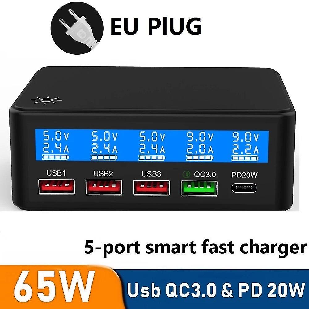 65w Max Pd Qc Fast Charger 5-port Smart Charging Station Hub Fast ...