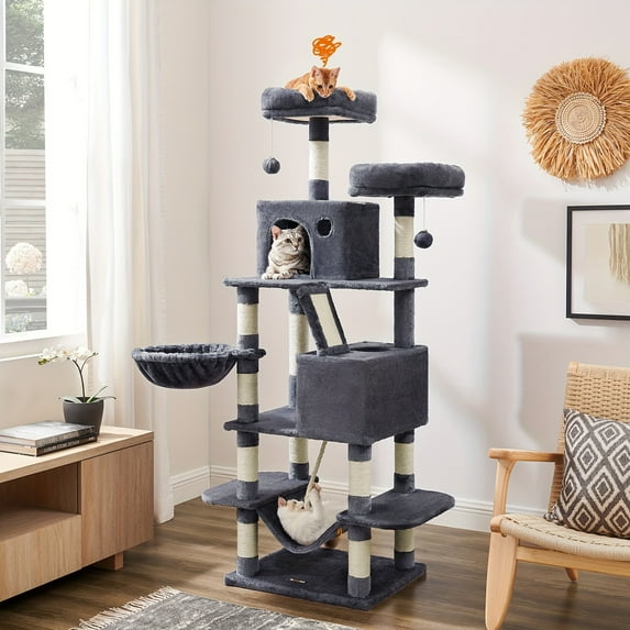 66.1" Multi-Level Cat Tree - Plush Wooden Condo with Scratching Posts ...