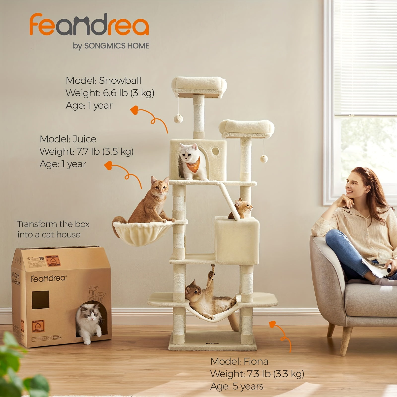 66.1" Multi-Level Cat Tree with Scratching Posts, Perches, Cat Cave ...