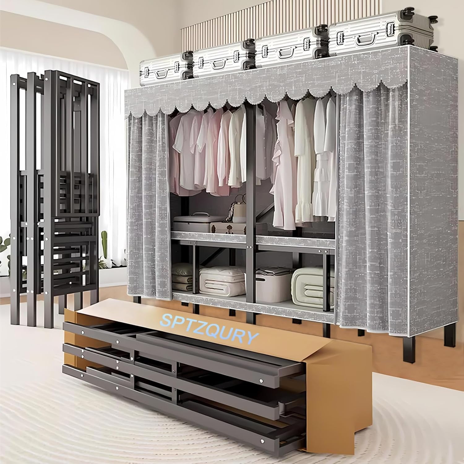 66.1in Heavy Duty Foldable Wardrobe with Cover, Portable Closets for ...