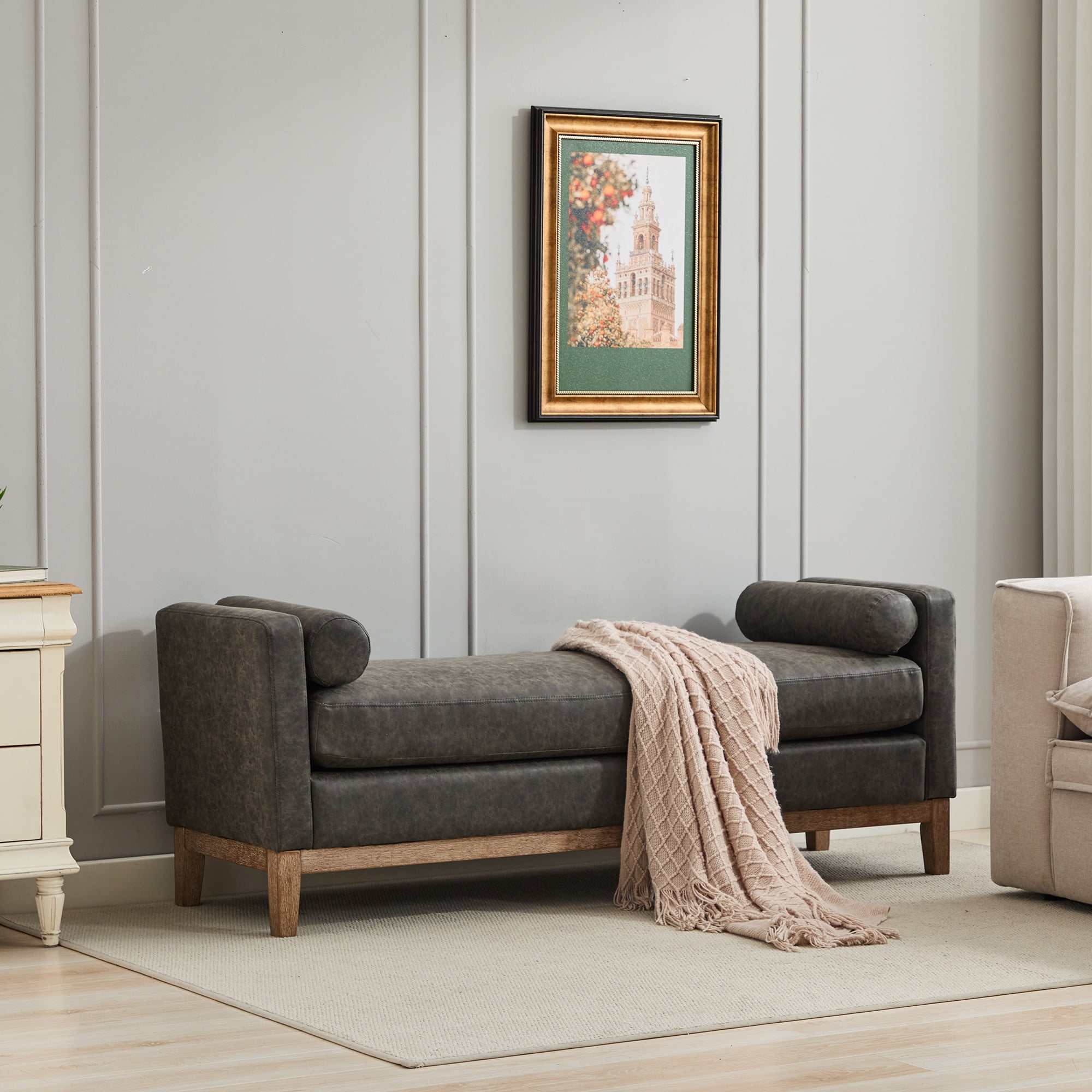 66.34" Bouclé Upholstered Bench with Bolster Pillows – Natural Wood ...