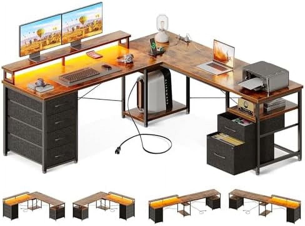 66" L Shaped Computer Desk Reversible Desk with File Cabinet & 4 ...