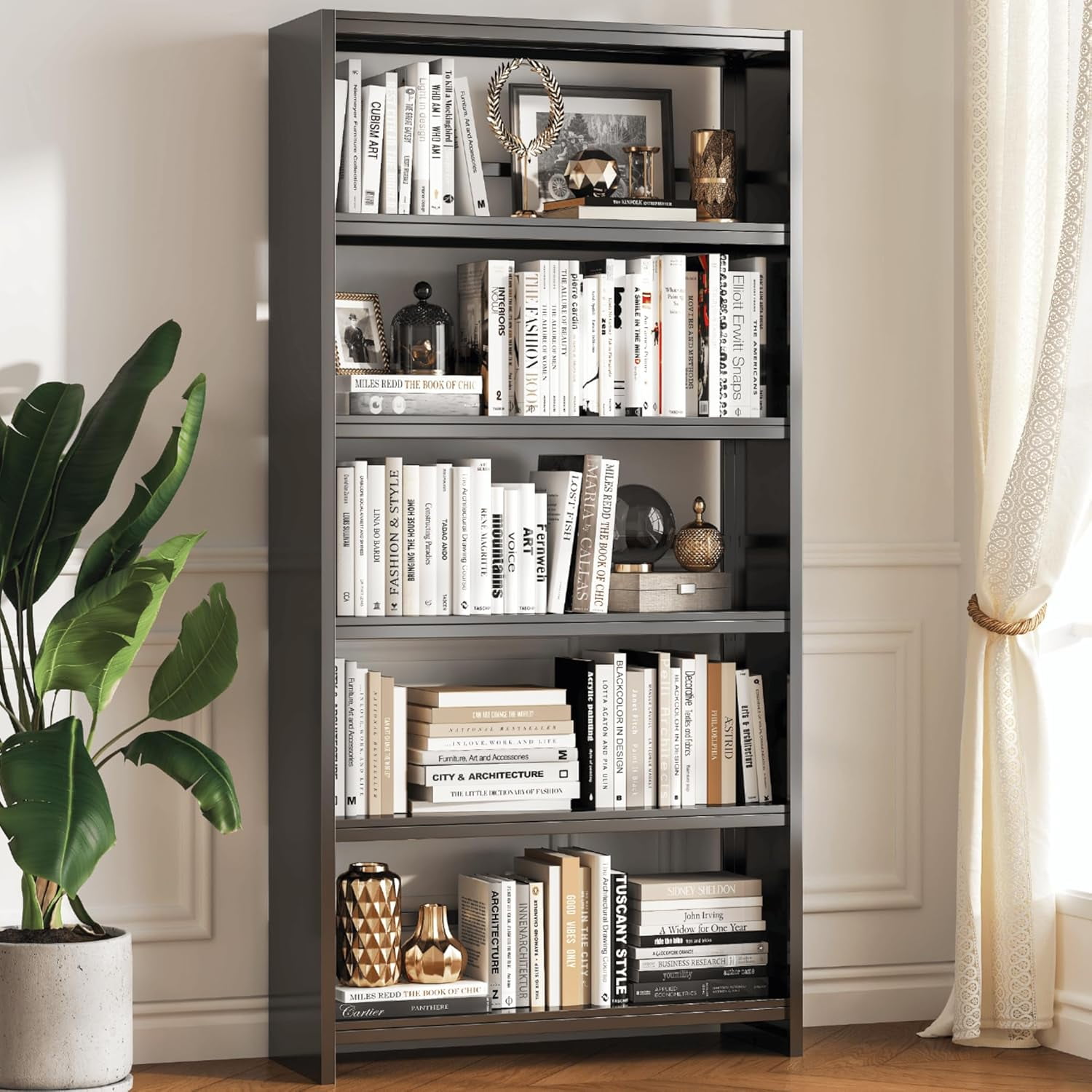 66" Tall Metal Bookcase 5 Shelf Bookcase with Adjustable Shelves Large ...