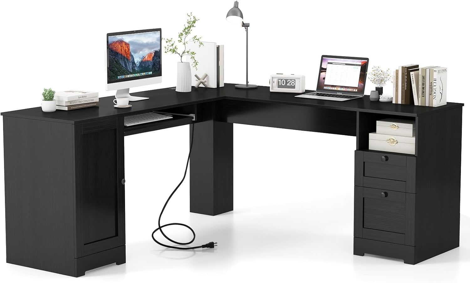 66" x 66" L-Shaped Office Desk with Keyboard Tray Spacious Corner ...