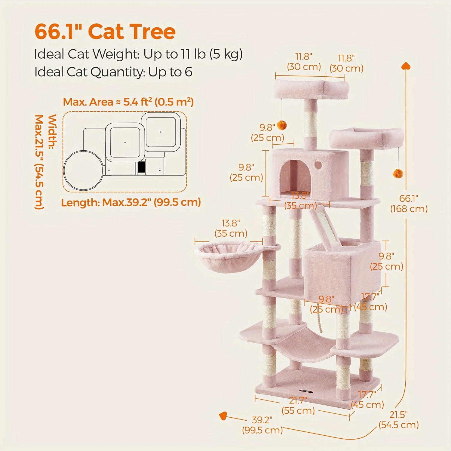 "66/44in Large Cat Tree with 13 Scratching Posts, 2 Caves & Hammock ...