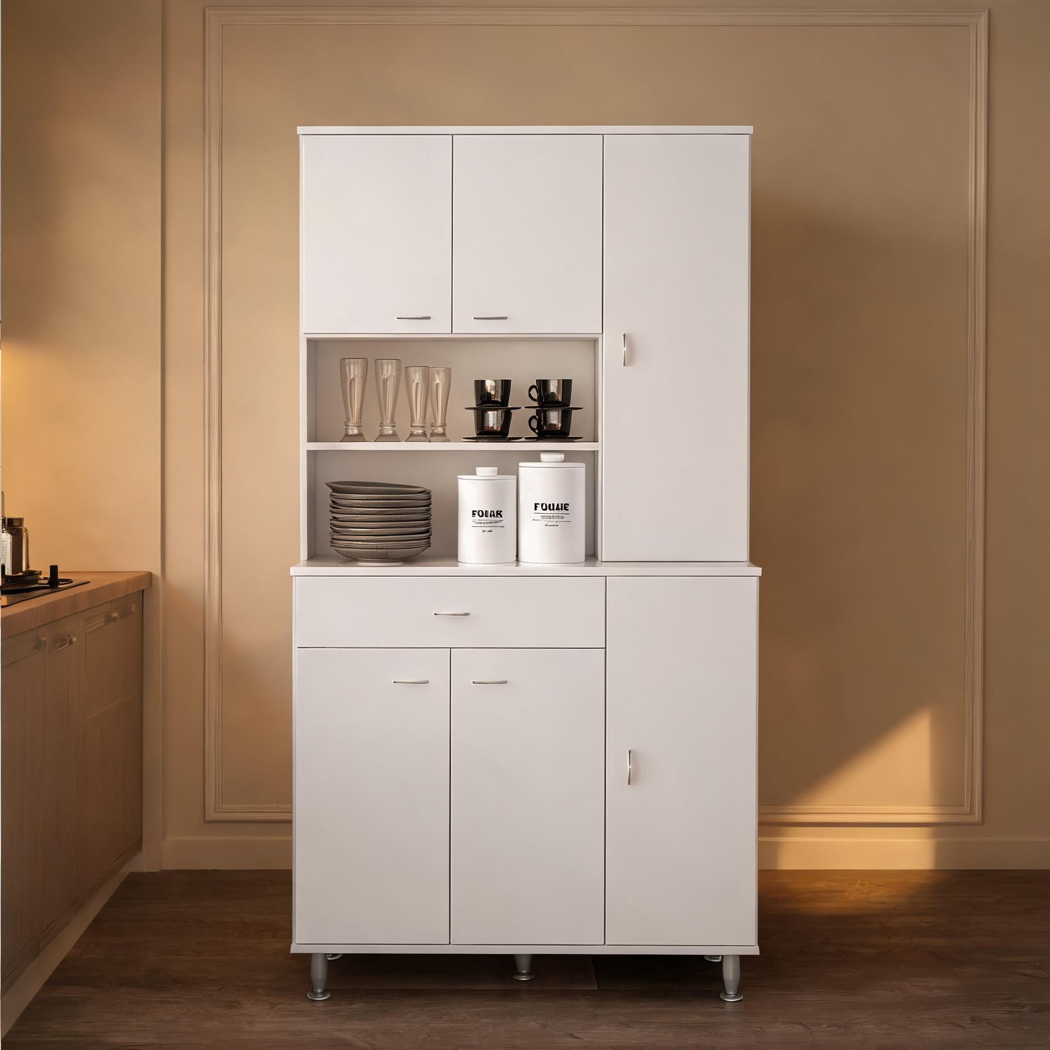 66.5-Inch Tall Traditional Storage Pantry Cabinet, White-Toned, with ...