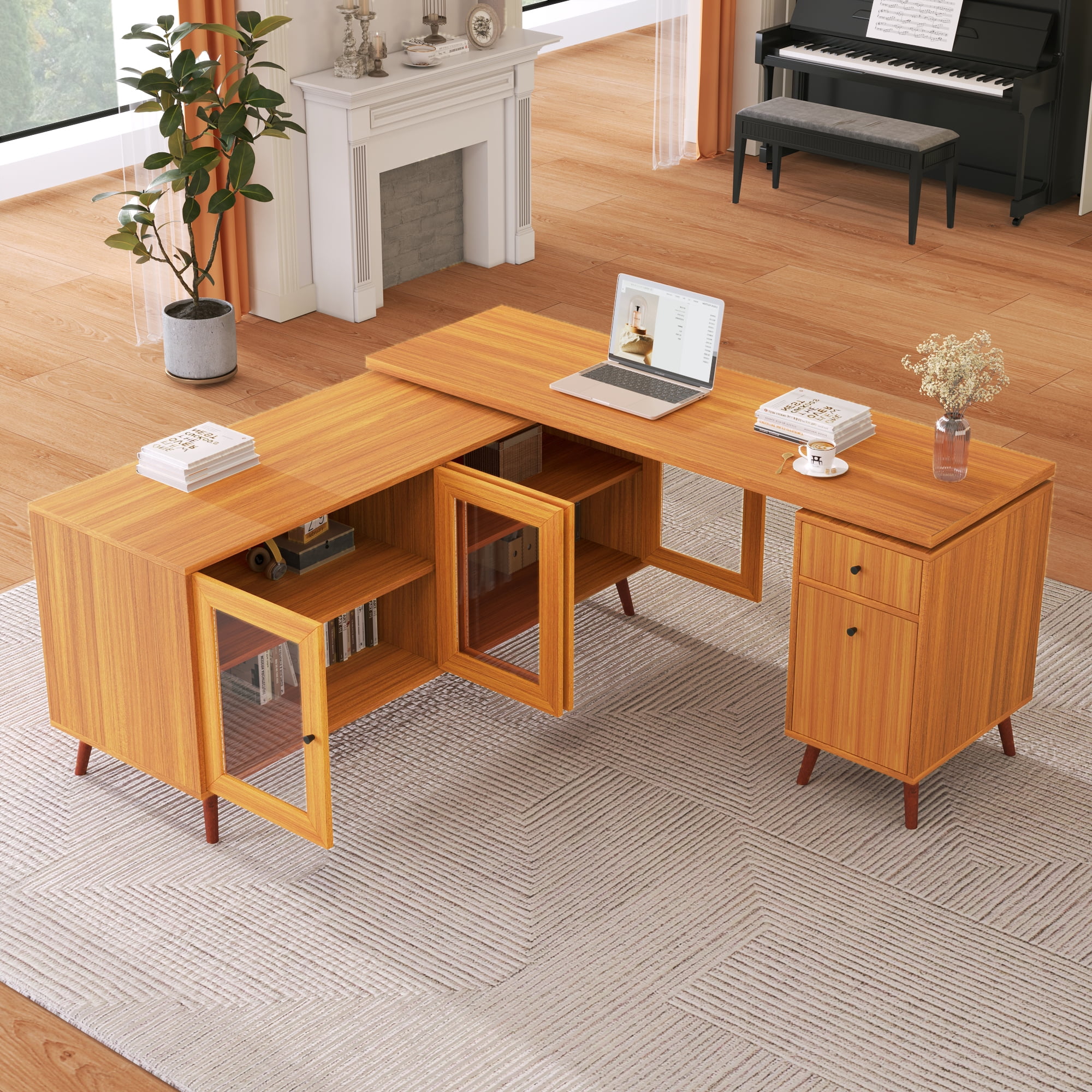 66.5" Modern L-shaped Executive Desk With Delicate Tempered Glass ...