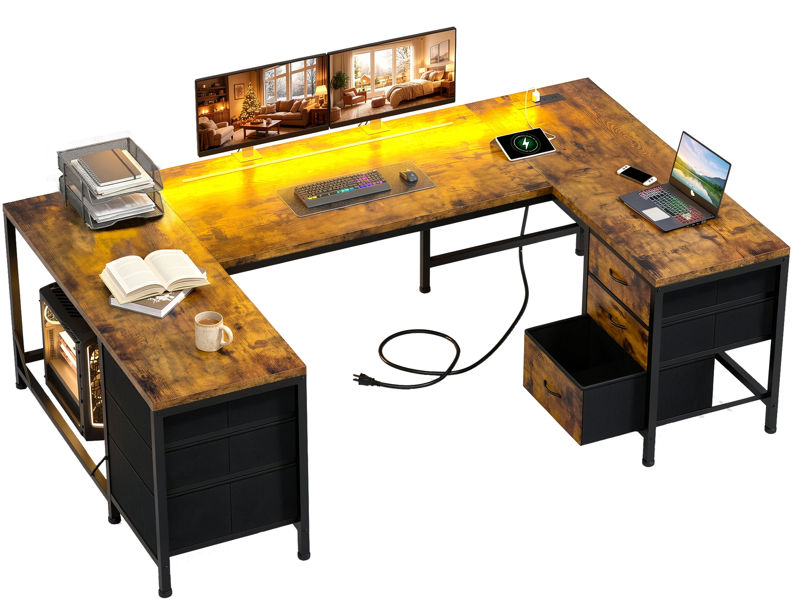 66.9" Black U-Shaped Gaming Desk, LED Lights, USB & Power, 6 Fabric ...