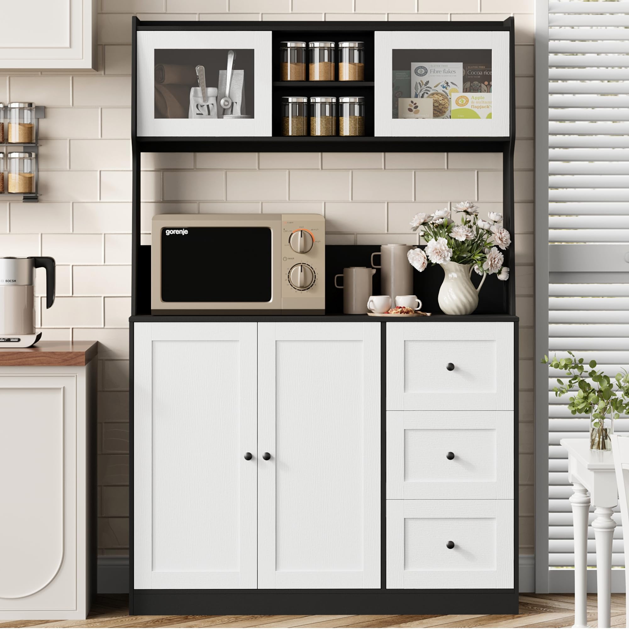 66.9 Inch Hutch Storage Cabinet,Wood Pantry Cabinet with Microwave ...