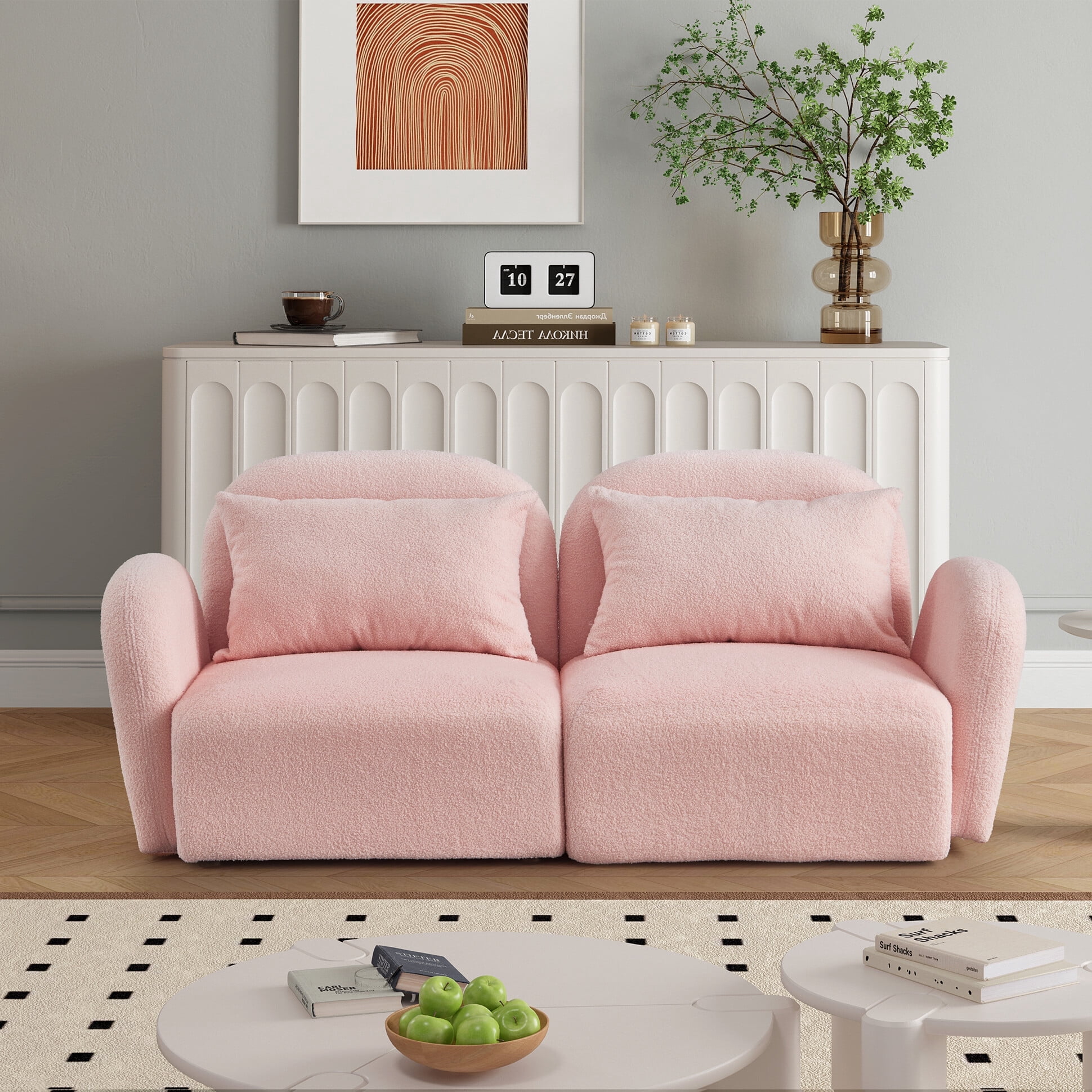 66.9" Modern Lazy Loveseat, Teddy Fabric Upholstered 2-seat Sofa Couch ...