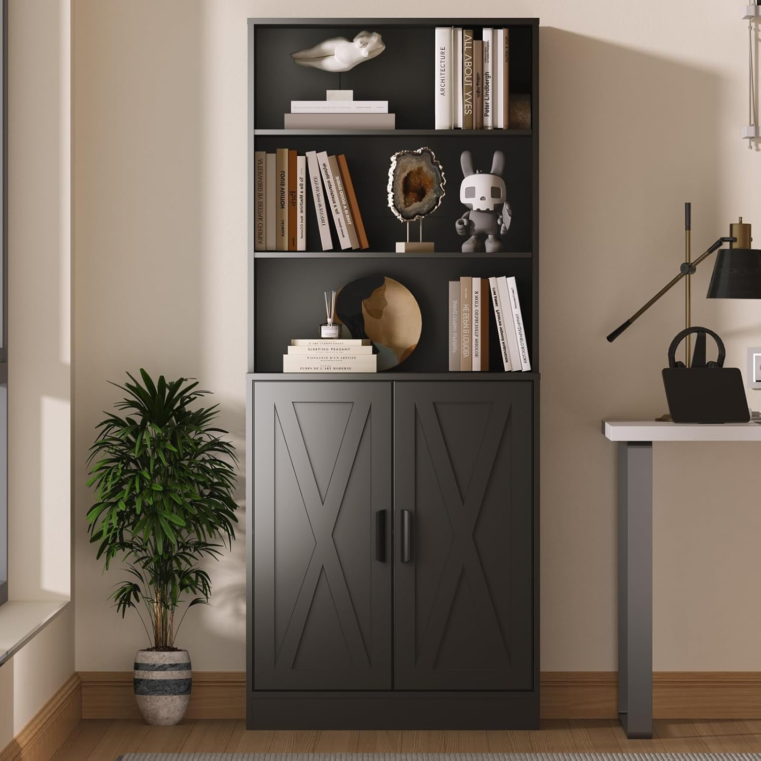 66.9” Tall Bookcase with 2 Doors, 5 Tier Bookshelf, Storage Wood ...