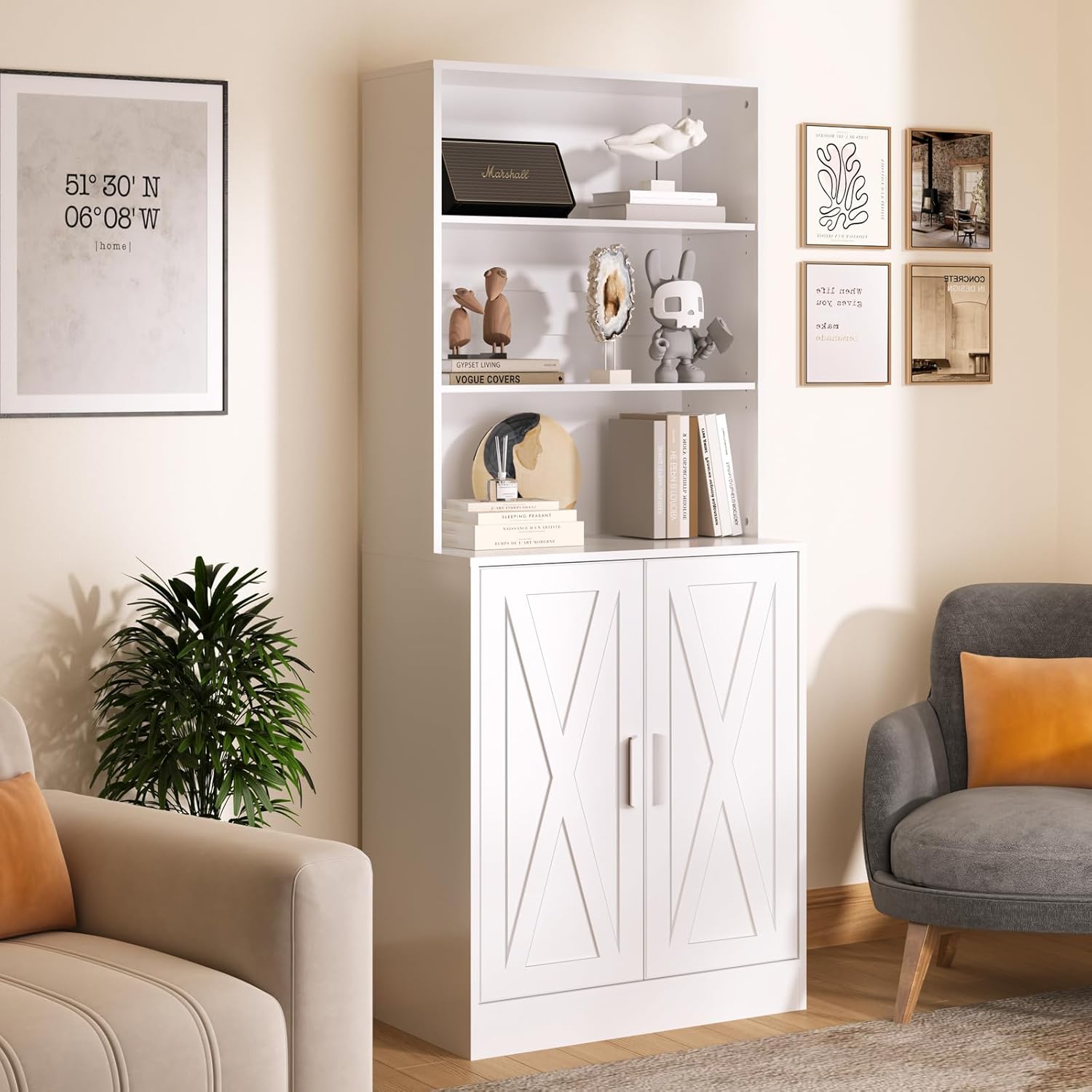 66.9” Tall Bookshelf, 5 Tier Bookcase with 2 Doors, Storage Wood ...