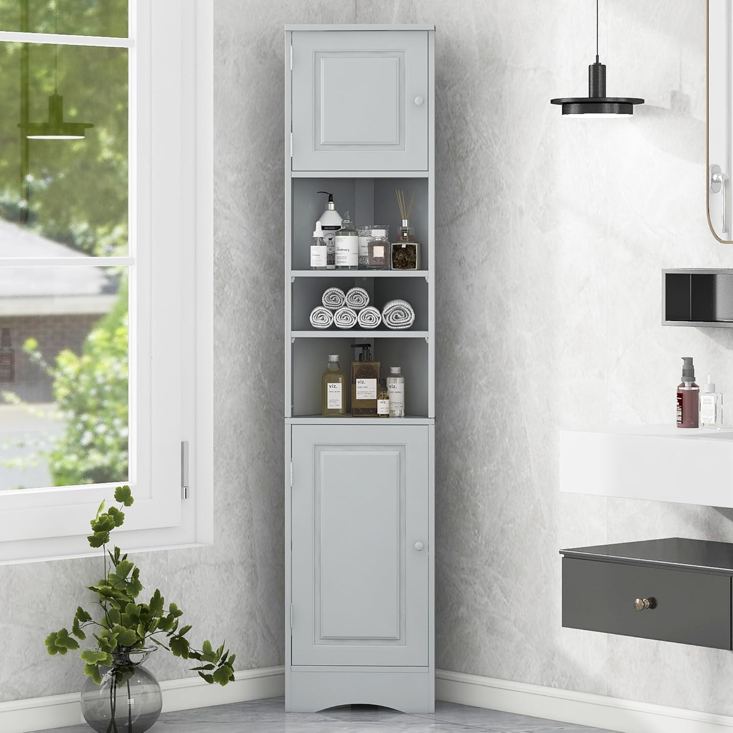 66.9" Tall Corner Bathroom Cabinet with Doors, Freestanding Triangle ...